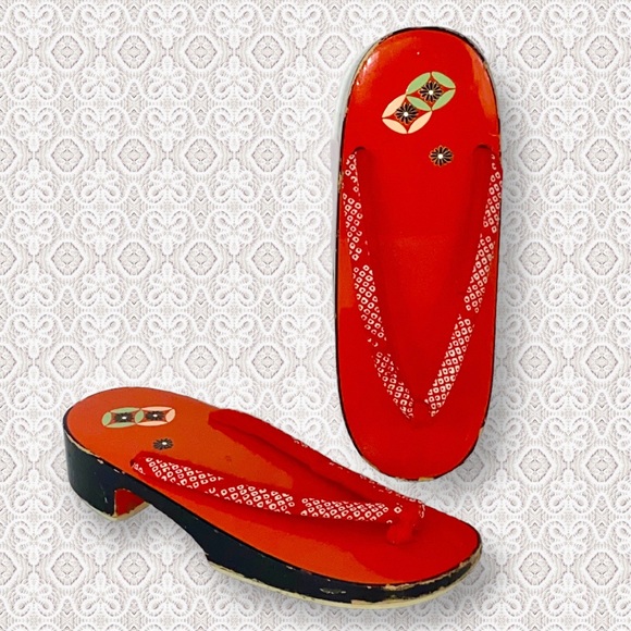 Shoes | Vintage Japanese Geta Traditional Wooden Sandals Red Lacquer ...